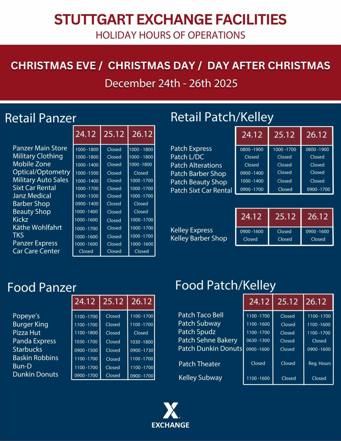 Holiday service changes around USAG Stuttgart; Dec. 24 and 26 day off ...